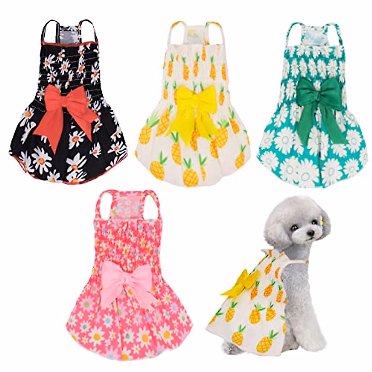 Albrost 4 PCs Dog Bow-Knot Floral Dress, Pet Princess Dresses for Small Girl Dog, Braces Suspender Skirt, Puppy Summer Sundress Doggy Outfit Dogs Cats Rabbits (Small)