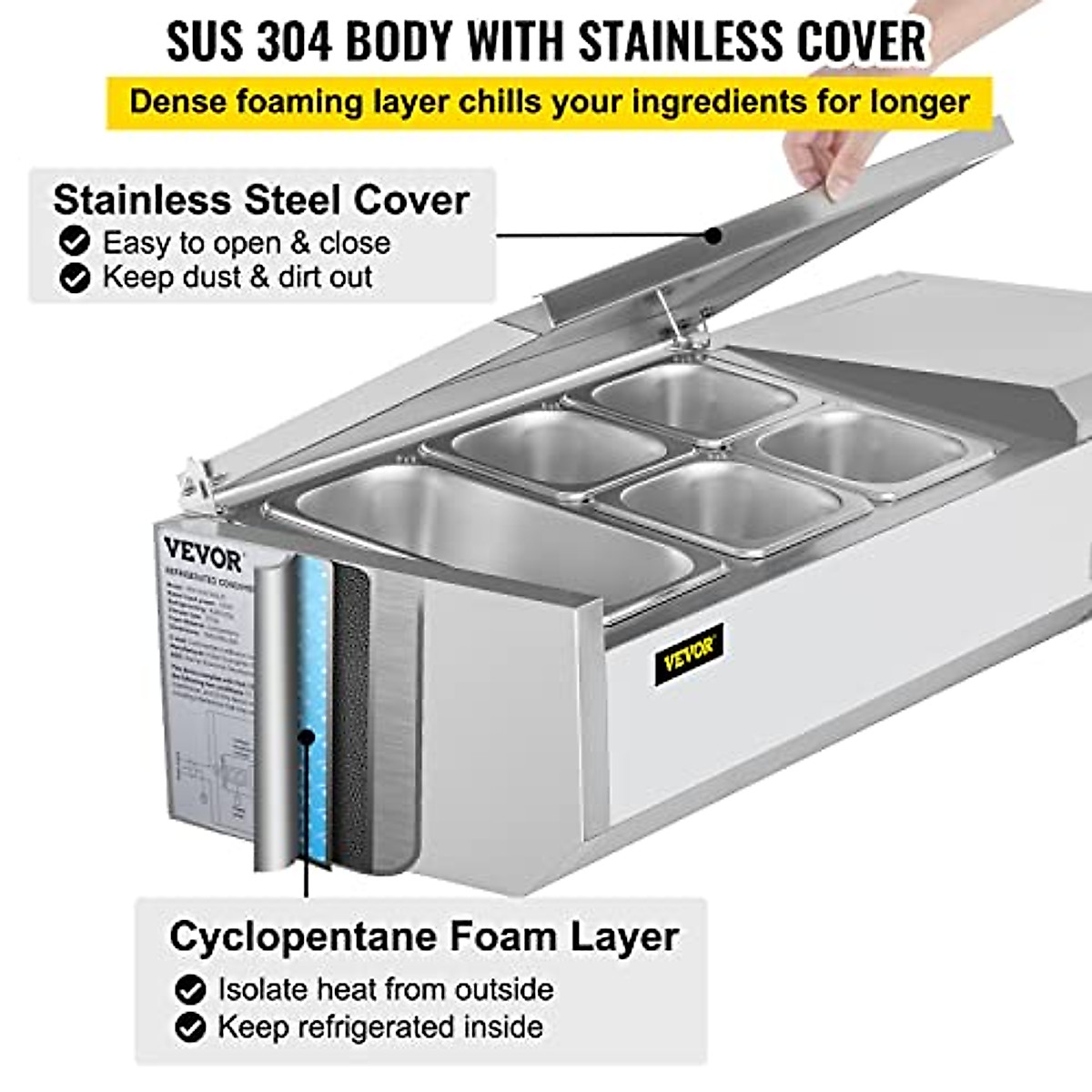 VEVOR 7.8 Qt Sandwich Table 150W Stainless Salad Bar Refrigerated Condiment Prep Station, 40in, Silver
