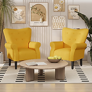 MELLCOM Mid Century Wingback Arm Chair,Modern Upholstered Fabric High Back Accent Chair with Wood Legs,Upholstered Single Sofa Club Chair for Living Room, Bedroom, Home Office, Yellow
