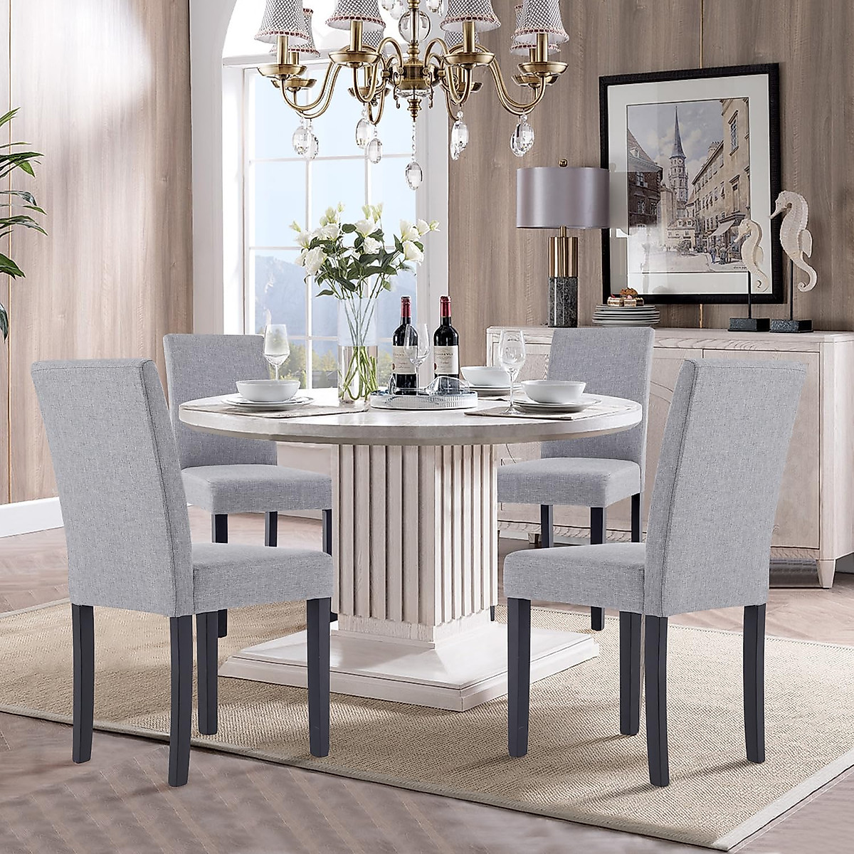Dining Chairs Set of 6, Luxury Upholstered Fabric Kitchen Chairs Side Chair with Padded Seat Back and Solid Wood Legs for Living Room, Bedroom, Dining Room, Grey