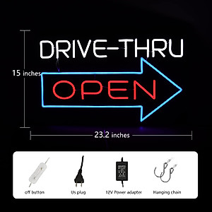 Large Drive Thru Open Neon Signs 23.2 * 15 Inch(Red+Blue+White) + Large Flower Shop Neon Signs 22.4 * 7.9 Inch(Red + Green + White)