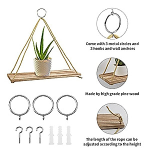 POZEAN Hanging Shelves 3 Pack Wooden Floating Wall Shelves, Hanging Plant Shelf, Boho Wall Decor Shelves for Bedroom, Plants, Living Room, Office (Included 6 Ropes 3 Rings 3 Hooks and Anchors)