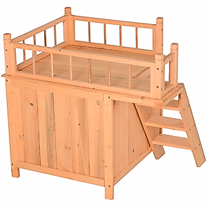 PawHut 2-Level Elevated Waterproof Outdoor Wooden Treehouse Cat Shelter With Balcoy