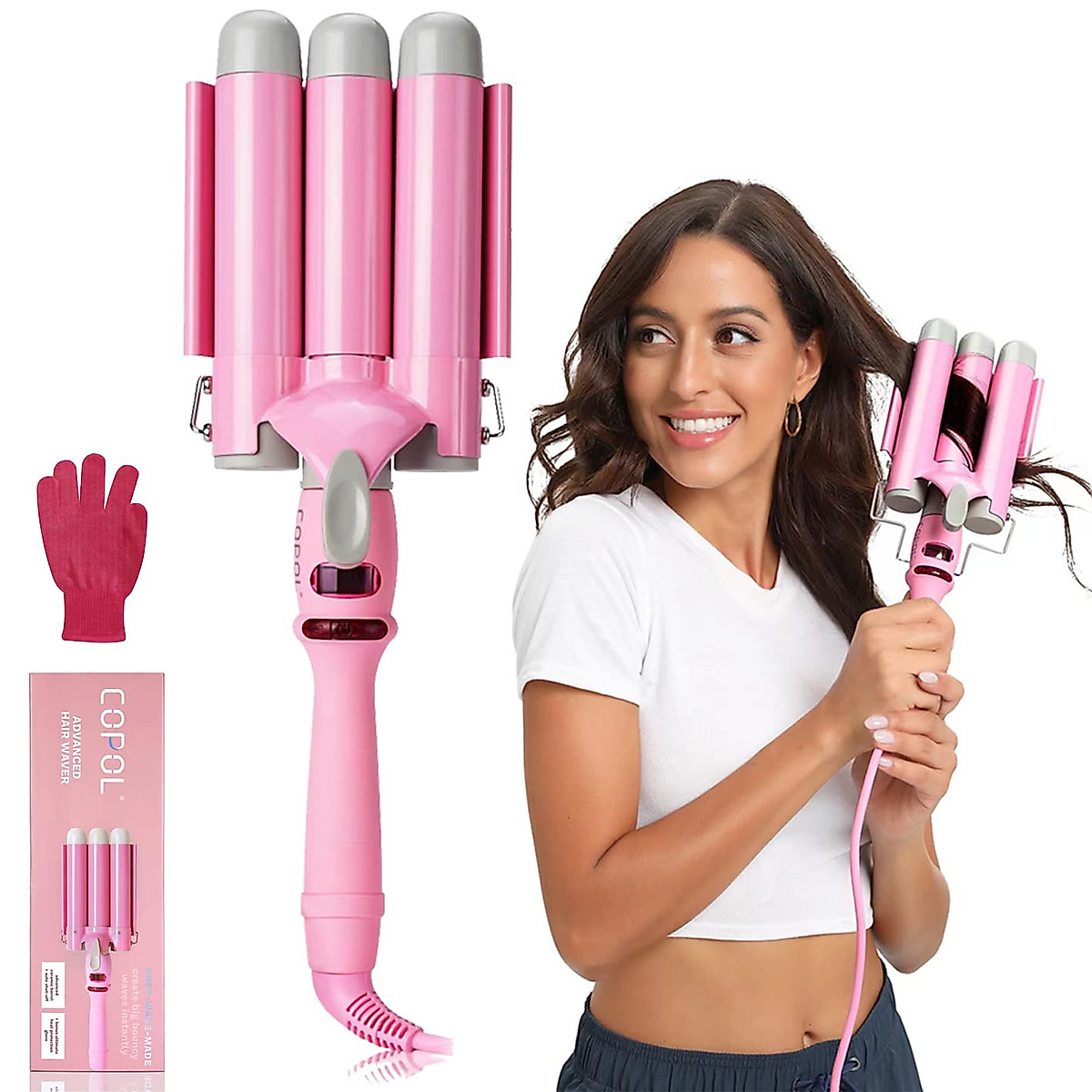 COPOL 3 Barrel Hair Curlers, 32mm Beach Waves Curling Iron Curling Wand for Long Hair with Temperature LED Indicator/Adjustable Bracket/Heat Proof Glove. 80-210℃Heat Up Quickly Curling Iron