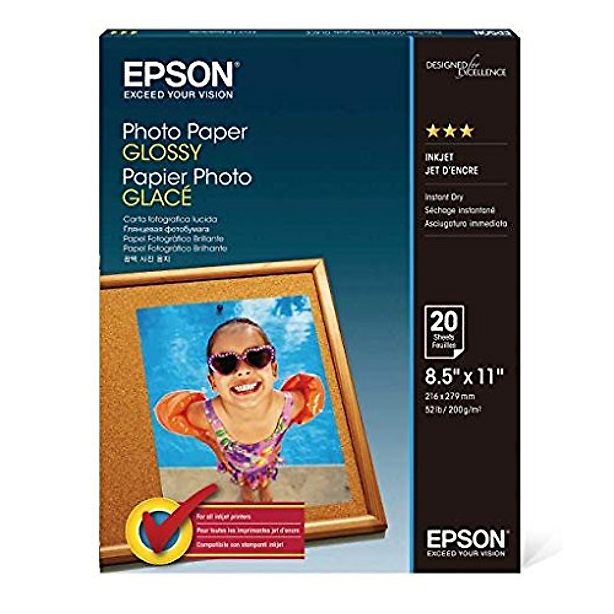 Epson Glossy Photo Paper, 8.5 x 11 Inches, 20 Sheets per Pack (S041141),White
