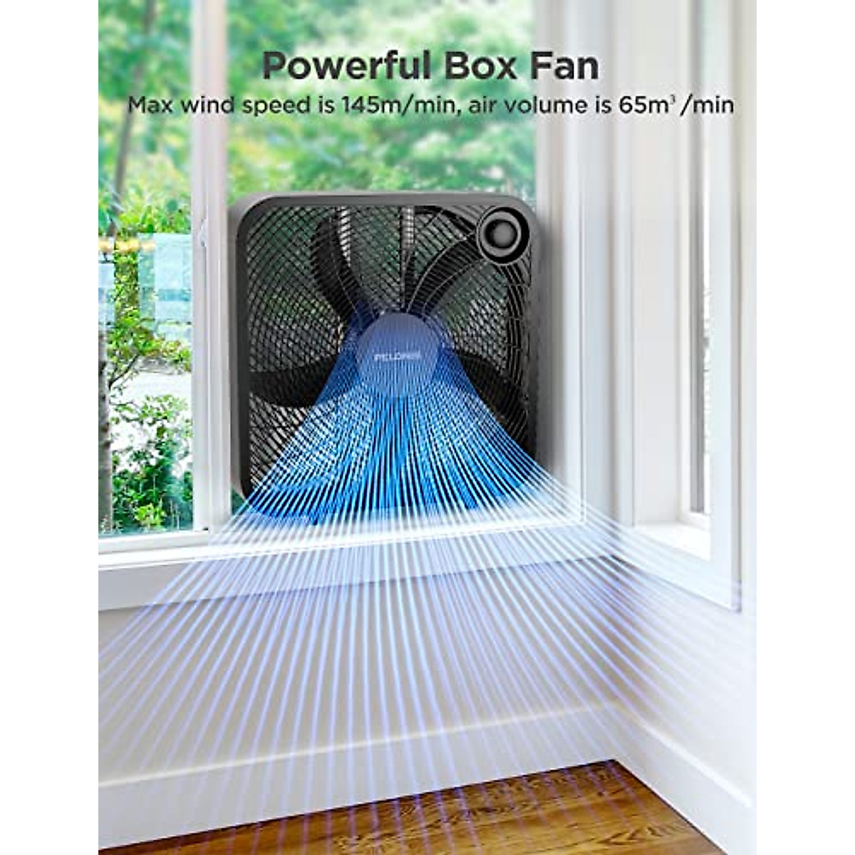 PELONIS 3-Speed Box Fan For Full-Force Circulation With Air Conditioner, Upgrade Floor Fan, Black