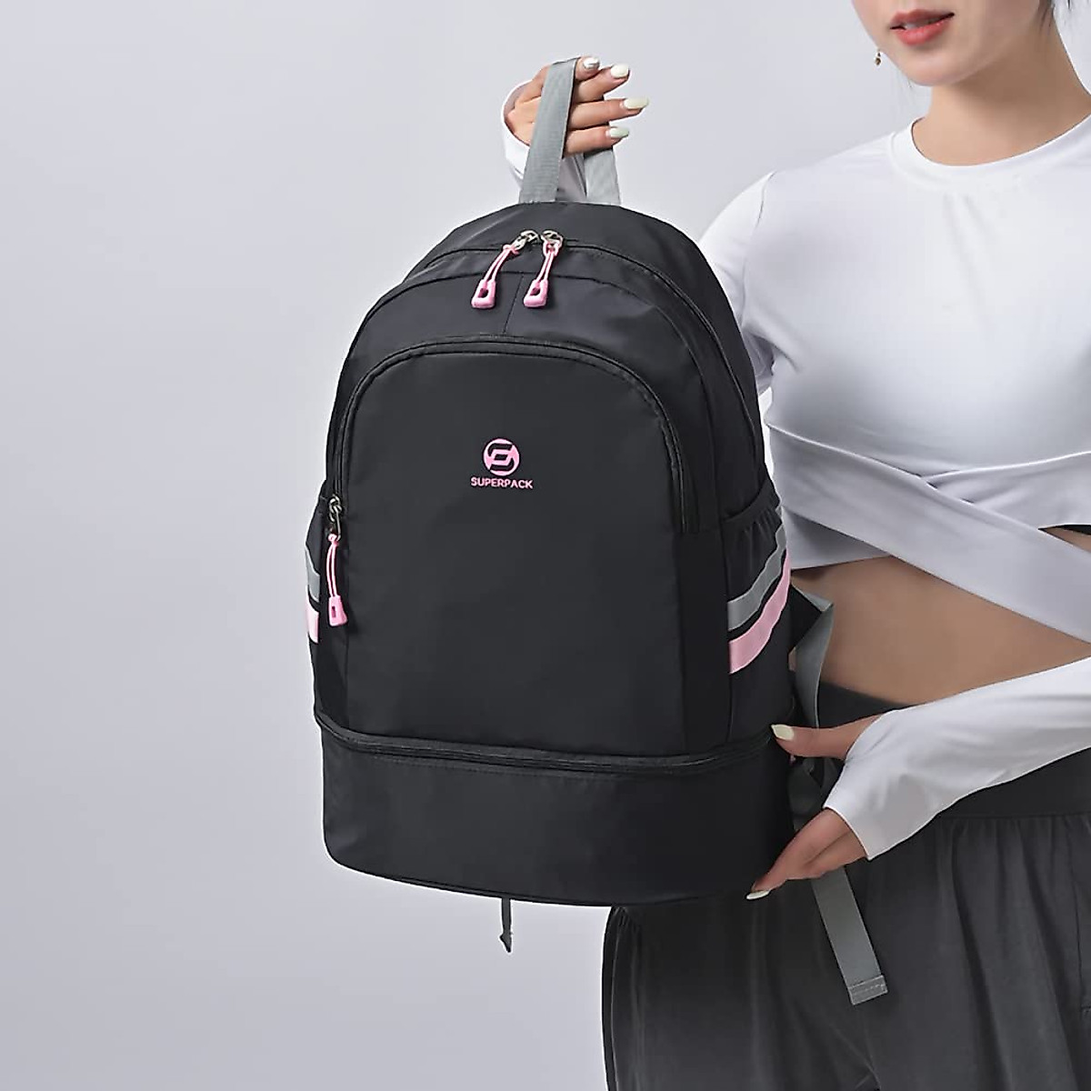 Women Sports Backpack Gym Bag with Shoe Compartment Wet Pocket Travel Backpacks Lightweight Water Resistant Workout Bag (9270-Pink&Black) 17 inch