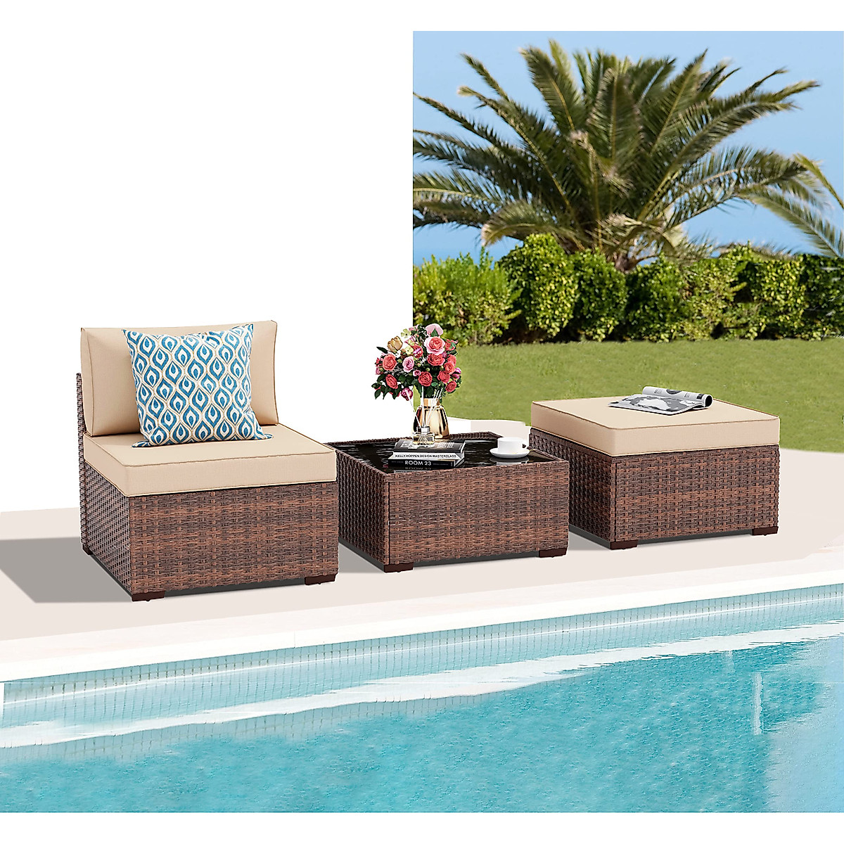 Patiorama 3 Piece Patio Furniture Set, Outdoor Sectional Sofa, PE Wicker Rattan Conversation Set, All Weather Armless Chair and Ottoman with Coffee Table, Brown Wicker Beige Cushion