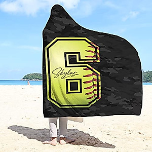 Ohaprints Custom Softball Ball Pattern Camoflage Black Grey Player Fan Gift Personalized Name Number Sherpa Hoodie Blanket Soft Travel Camping Wearable Hooded Blankets Cape Wrap Plush Fuzzy Comfy Cozy