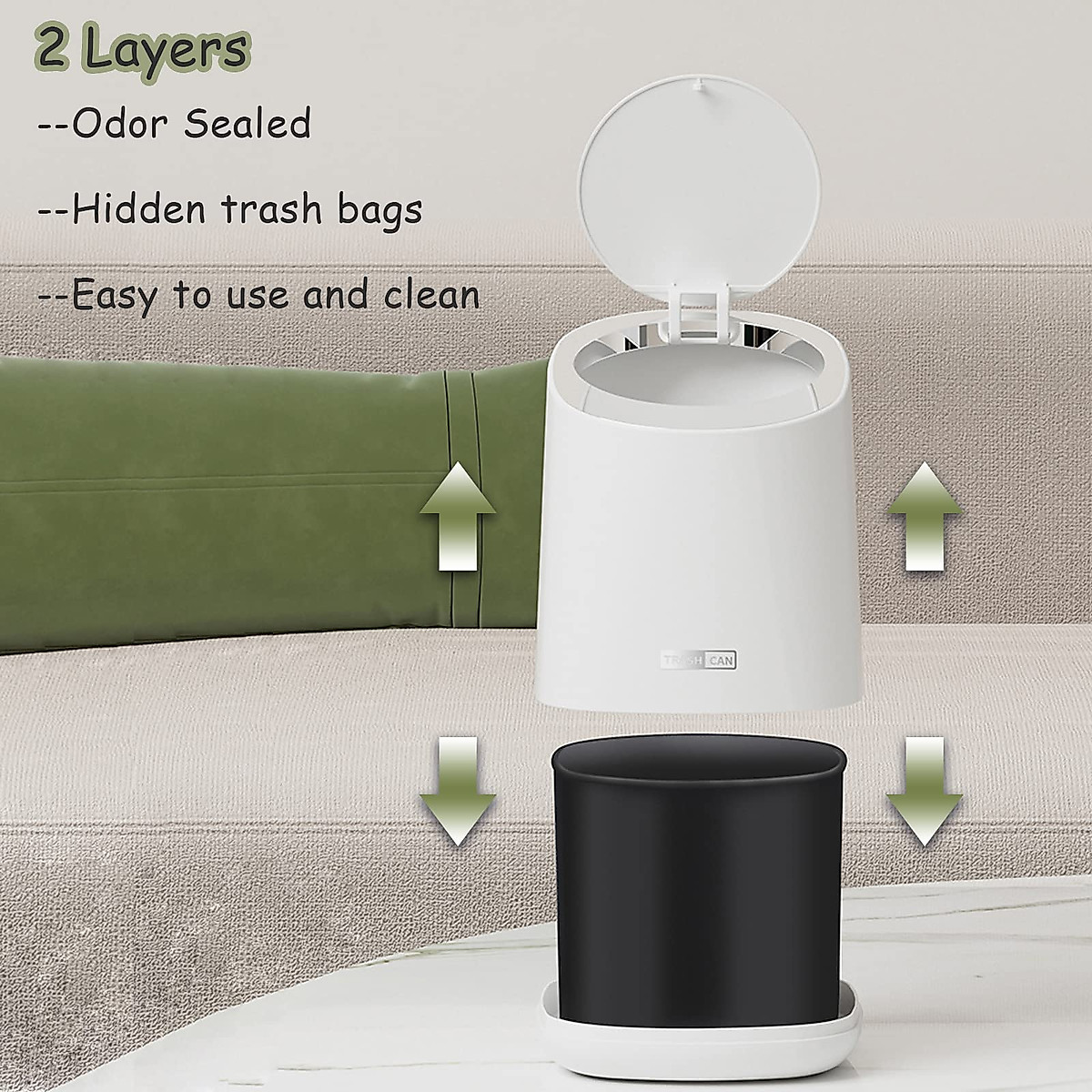 QLFJ-FurDec Mini Desktop Trash Can with 90 Trash Bags, Press-Type Countertop Wastebasket with Lid, Small Plastic Garbage Can for Bathroom Bedroom Living Room Dressing Table(White)