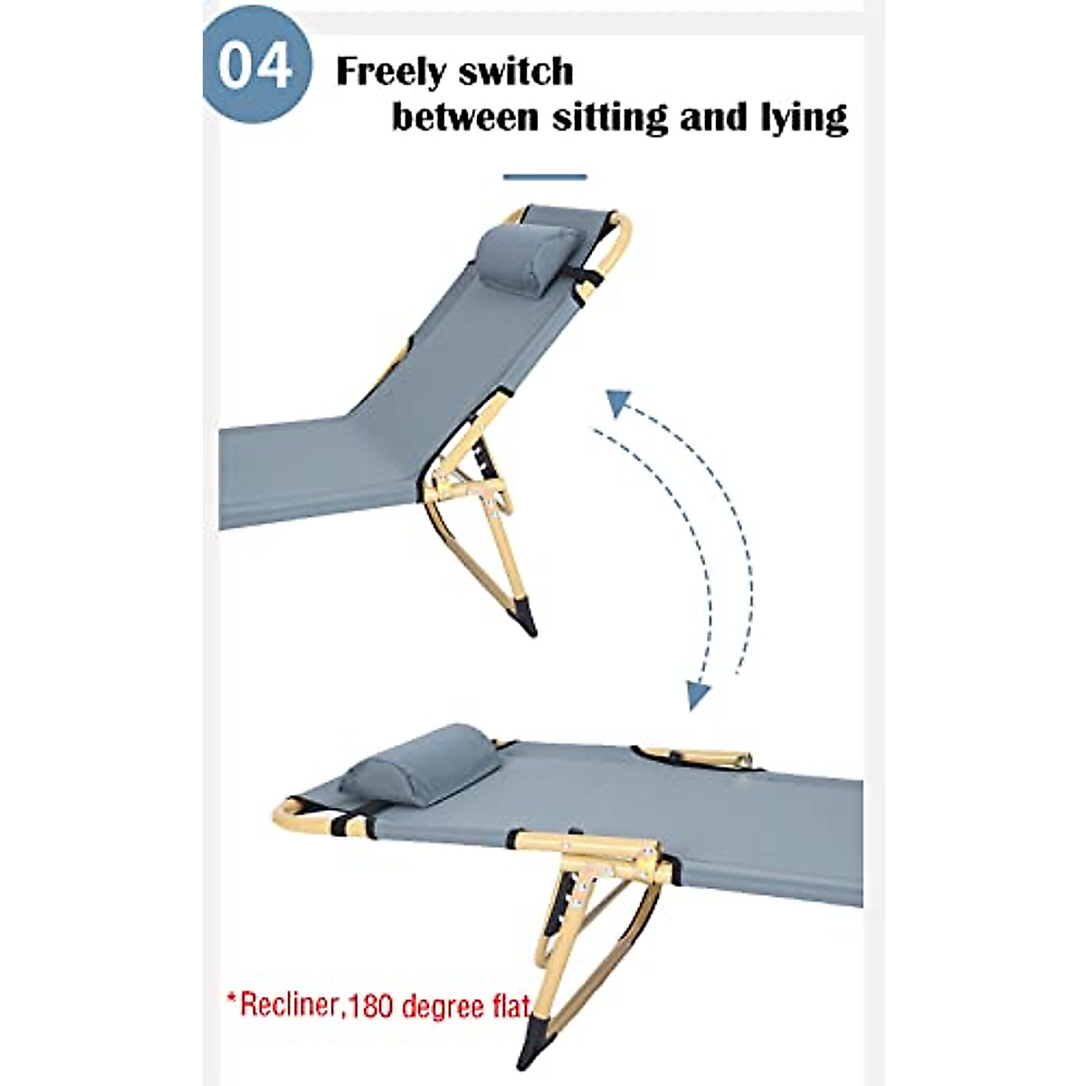 YourGrace Outdoor Folding Chaise Lounge Chair, Lightweight Camping Reclining Chair with Pillow, Cot, Adjustable Sunbathing Recliner for Patio, Beach, Deck, Tanning, L67.72 W21.65 H10.63