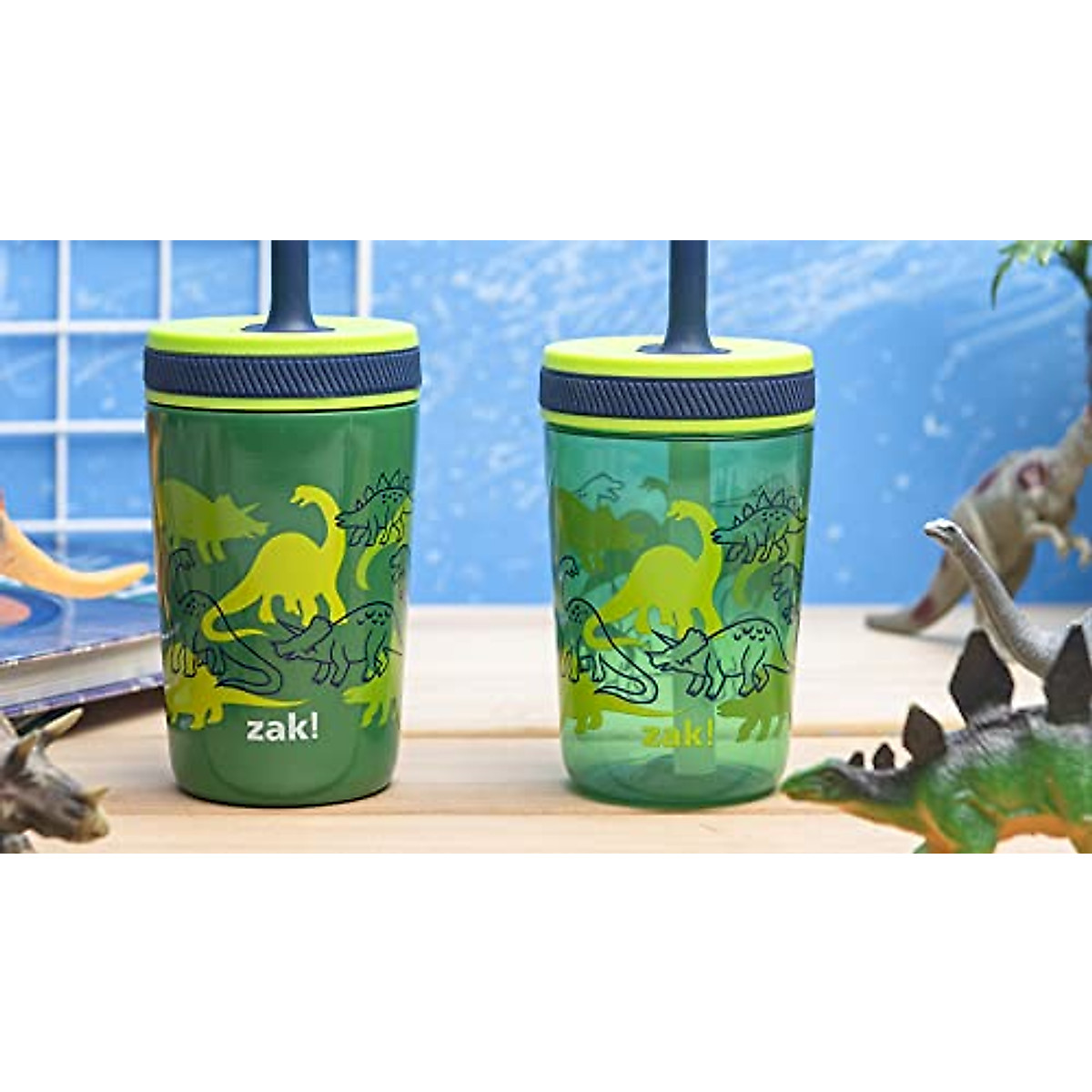 Zak Designs Dino Camo Kelso Tumbler 3pc Set, Leak-Proof Screw-On Lid with Straw, Bundle for Kids Includes Plastic and Stainless Steel Cups with Additional Sipper, 15 fluid ounces