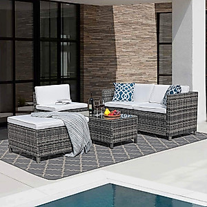 JOIVI Patio Furniture Sets, 5 Pieces All-Weather Outdoor Sectional Sofa Grey Wicker Rattan Patio Conversation Set with Ottoman, Washable White Cushions and 2 Blue Pillows