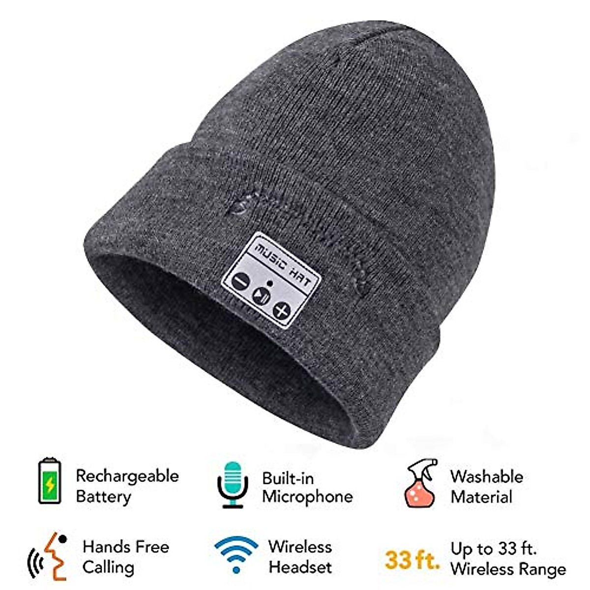 Happy-top Wireless Bluetooth Beanie Hat Winter Soft Warm Knit Music Hat Cap with Stereo Headphone Headset Speaker Mic Hands Free for Men Women Outdoor Sports Skiing Running Skating Dark Grey