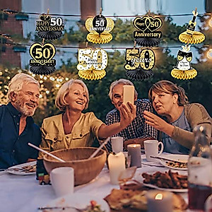 8pcs 50th Anniversary Decorations Table Honeycomb Centerpieces Party Supplies, Happy 50th Wedding Anniversary Table Sign, Black Gold 50 Year Anniversary Theme Decor