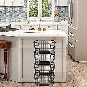 Stackable Wire Baskets for Pantry Storage and Organization Produce Basket with Handles Freezer Metal Baskets for Kitchen Cabinets, Pantry, Closets, Bathrooms-Black-2Pack