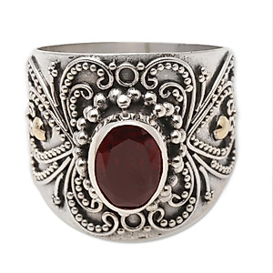 NOVICA Artisan handmade gold accent garnet cocktail ring balinese silver oval with accents sterling single stone indonesia gemstone birthstone traditional [Ring front 0.8 in L x 0.8 in W x 0.2 in H B]