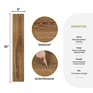 YENHOME 36"X6" Brown Wood Vinyl Flooring Planks Roll Peel and Stick Floor Tile Waterproof Peel and Stick Flooring for Bathroom Vinyl Floor Tiles Wood Planks for Walls Durable and Removable (3 PCS)