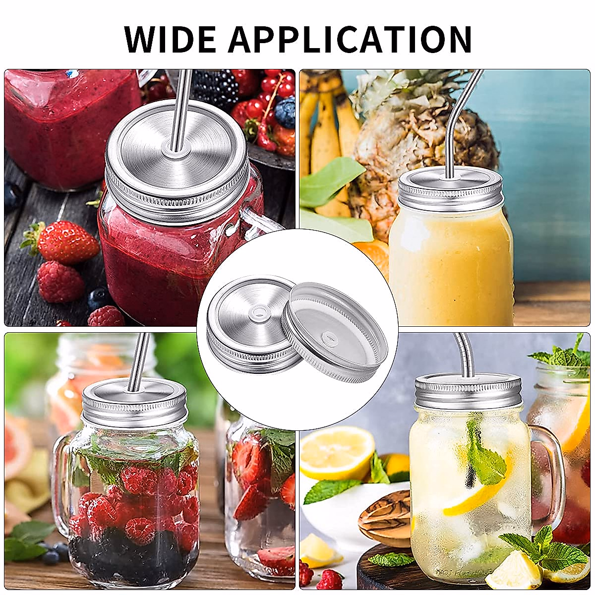 26 PCS Regular Mouth Mason Jar Lids with Straw Hole - 70MM Canning Lids Drinking Jar Lids Tinplate Jar Lids Silver Canning Jar Caps with Silicone Ring/Straws/Cleaning Brush for Drinking Food Storage