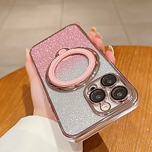 Misscase Magnetic Glitter for iPhone 14 Pro Max Case Compatible with MagSafe,Full Protection Slim Rotatable Ring Holder Kickstand Shockproof Anti-Scratch Case with Camera Lens Protector Pink