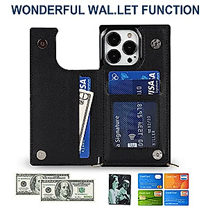 DEFBSC Compatible with iPhone 14 Pro Case, Crossbody Wallet Case, Adjustable Detachable Lanyard Neck Strap with Kickstand Leather Card Holder Protective Cover-Black