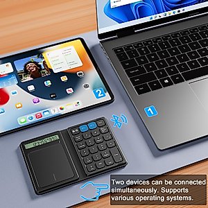 Bluetooth Number Pad, Foldable 2.4G Wireless Numeric Keypad with Display Calculator & Touchpad, Wireless Number Pad Slim 23 Keys Portable Financial Accounting Numpad Keyboard for PC Laptop Desktop