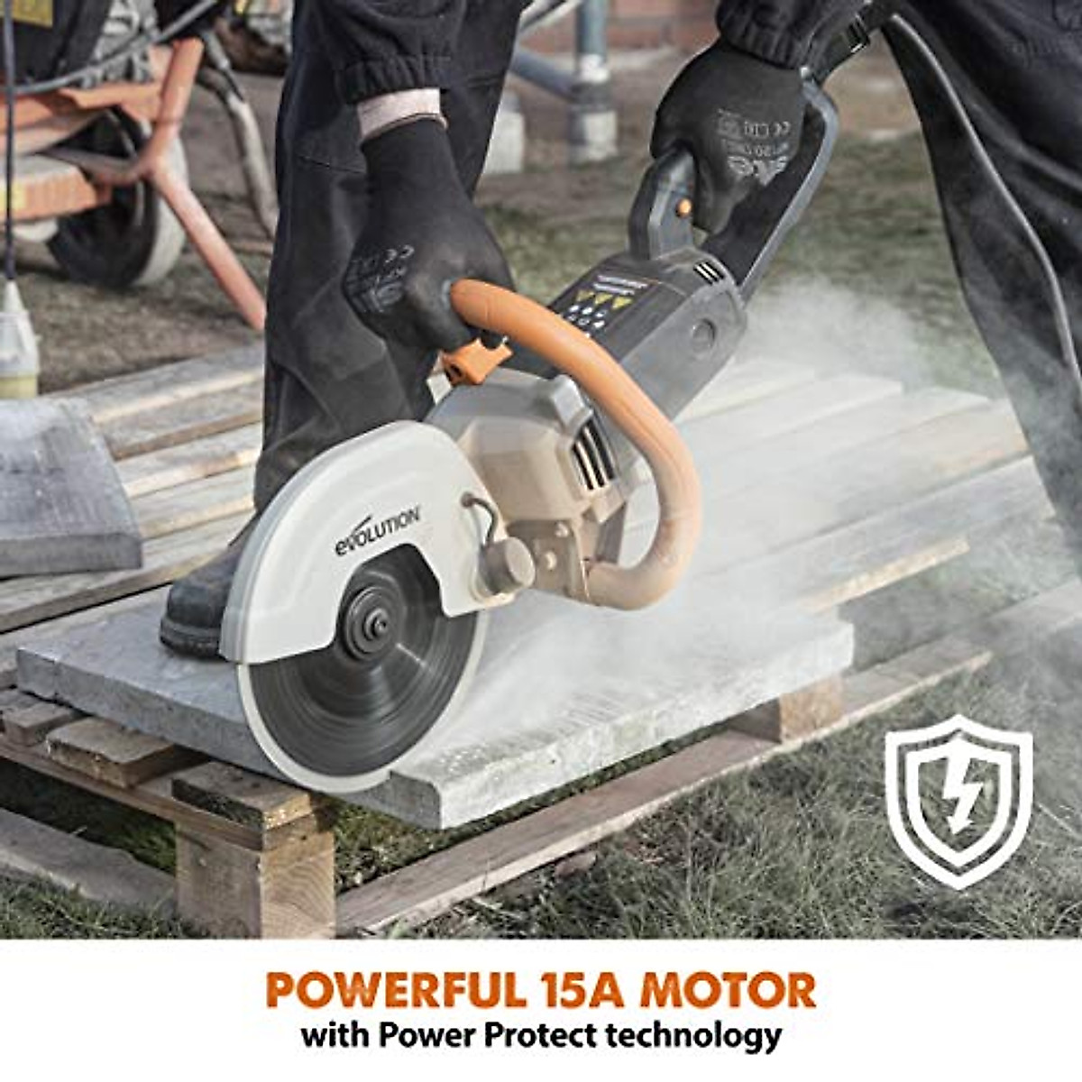 Evolution R230DCT - 9 in Concrete Saw (Aka Circular, Angle Grinder, Cut Off/Chop Saw, Demo Saw, Disc/Power Cutter) - 15A Motor, No Gas - 3-1/2 In Cut - Incl Diamond Masonry Blade