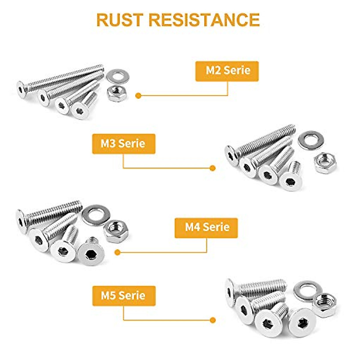 VIGRUE 1230 Pieces M2 M3 M4 M5 Flat Head Socket Cap Screws 304 Stainless Steel Cap Bolts Nuts Washers Assortment Kit with 4Pcs Hex Wrenches
