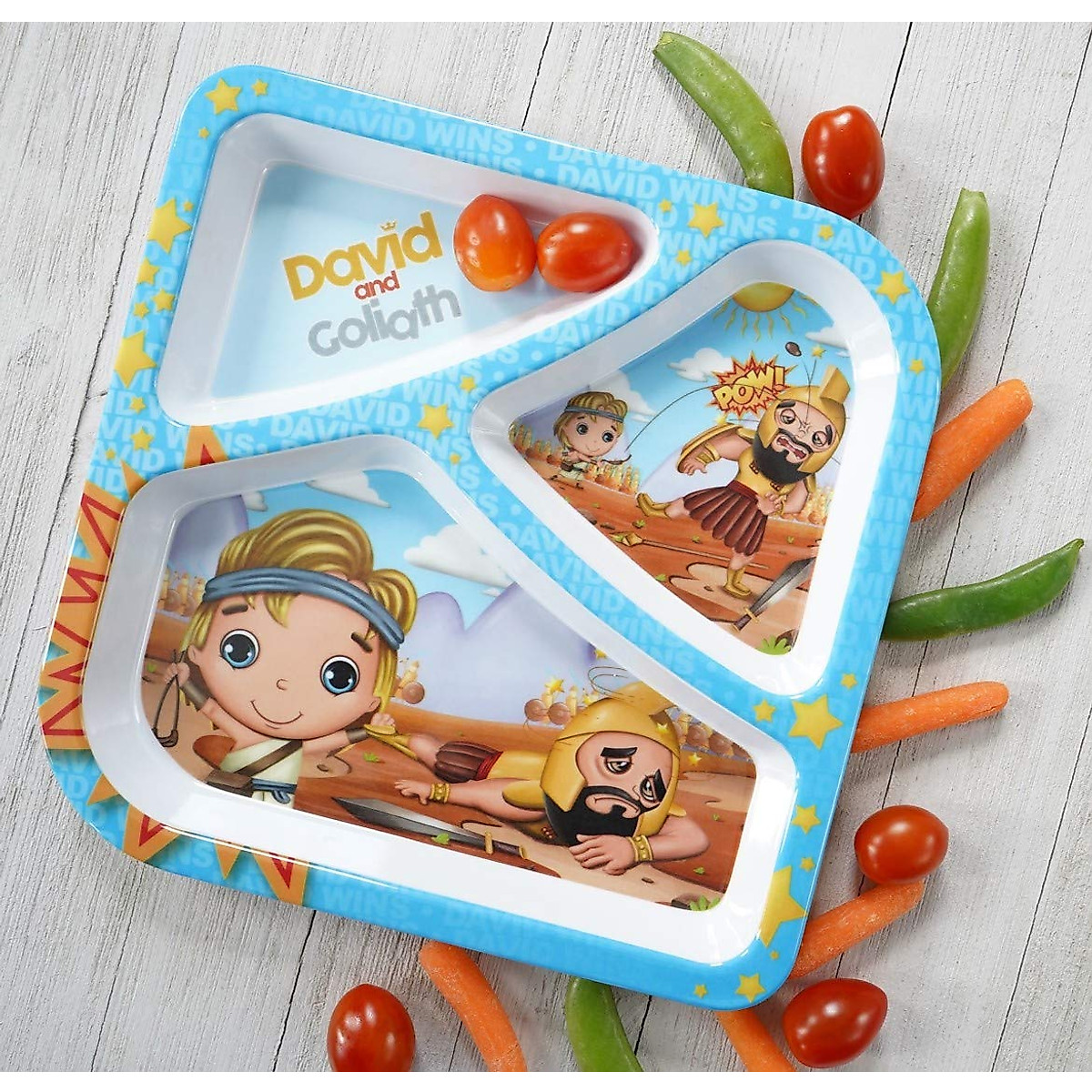 He Loves Me Kids Feeding David and Goliath 3 Piece Sets Toddler Dishes Multicolor, BPA Free, Kids Dinnerware Includes Round Bowl, Divided Plate and Children’s Cup Gift for Birthdays & Graduations