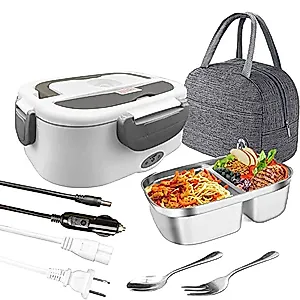 Electric Lunch Box Food Heater, Yokgrass 2-Compartment Fast Heating Adults Food Warmer for Car Truck and Home, Protable, Leak Proof, with 1.5L Stainless Steel Container, Fork, Spoon and Insulation Bag