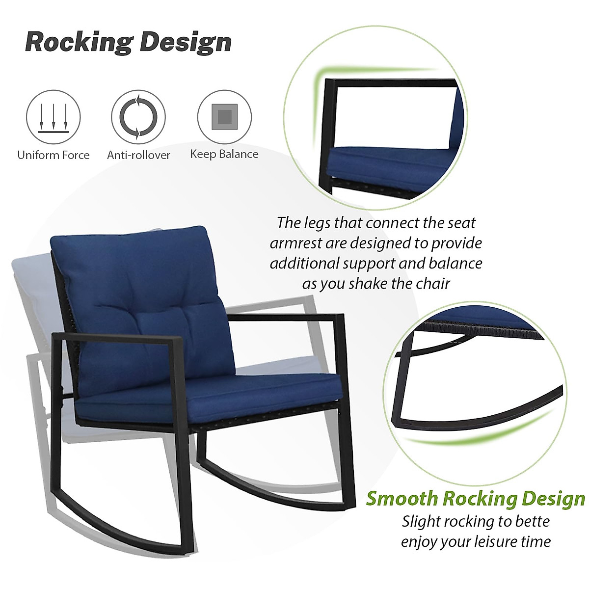 SUNCROWN 3-Piece Outdoor Rocking Chairs Patio Bistro Set Patio Black Wicker Chairs with Glass Coffee Table, Dark Blue Cushion