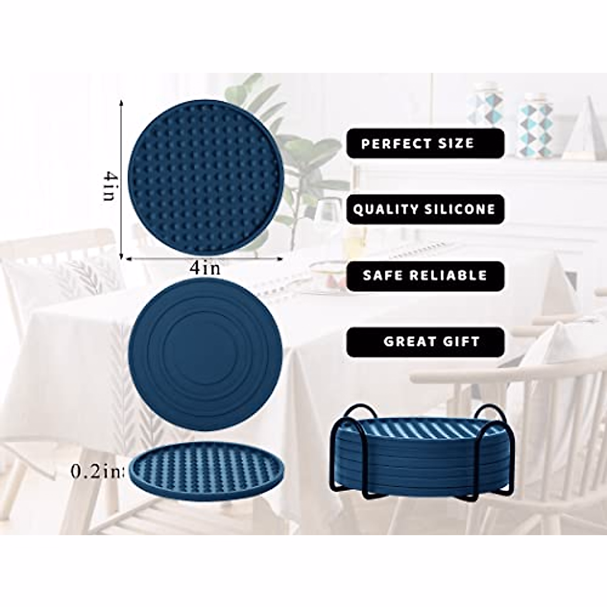 Coasters for Drinks 6 Pack Drink Coasters with Holder,Heat Resistant Silicone Coasters Tabletop Protection,Non-Slip Rubber Coasters for Kinds of Cups (Blue)
