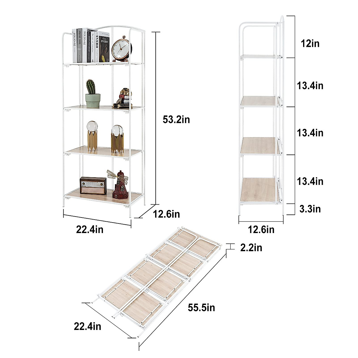 Crofy No Assembly Folding Bookshelf for Living Room, 4 Tier White Collapsible Book Shelf for Home Office, Portable Bookcase Storage Organizer
