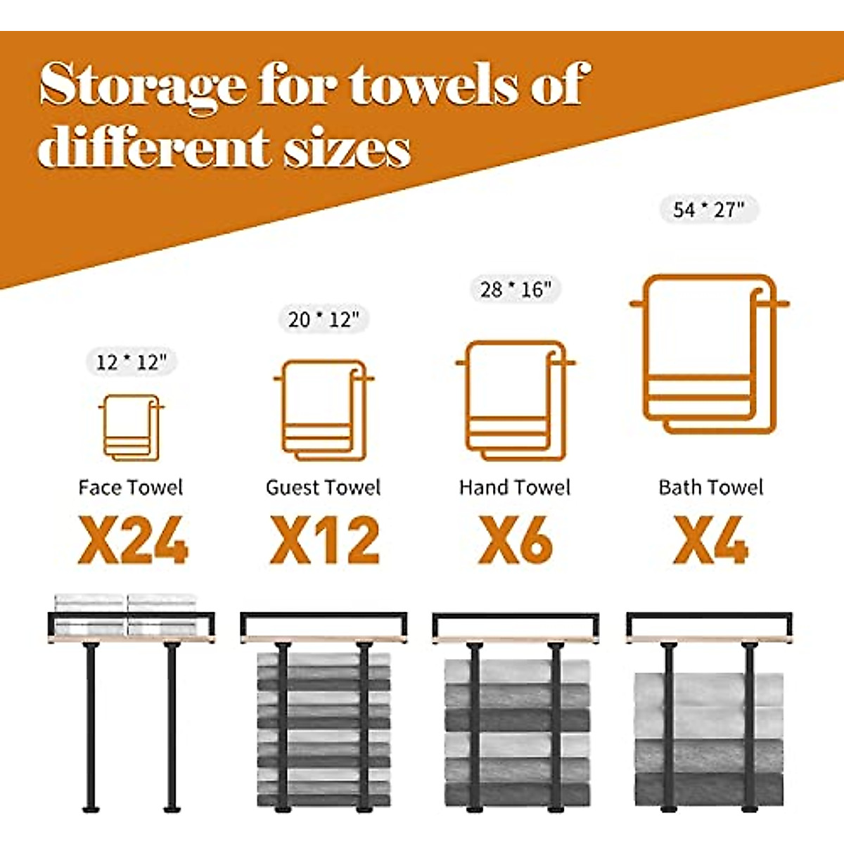 Klapber Towel Rack for Bathroom Hand Towel Holder Wall Mounted, Bath Towel Racks with Towel Hooks, Bathroom Towel Storage with Wooden Shelve for Rolled Towel Storage Bathroom Organizer Decor