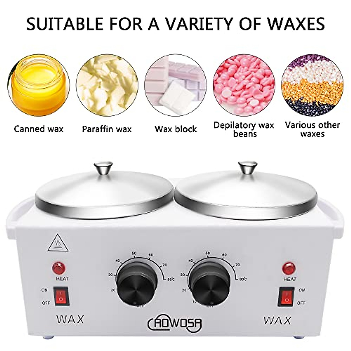 Double Wax Warmer Professional Electric Wax Heater Machine for Hair Removal, Dual Wax Pot Paraffin Facial Skin Body SPA Salon Equipment with Adjustable Temperature Set - 100 Wax Applicator Sticks
