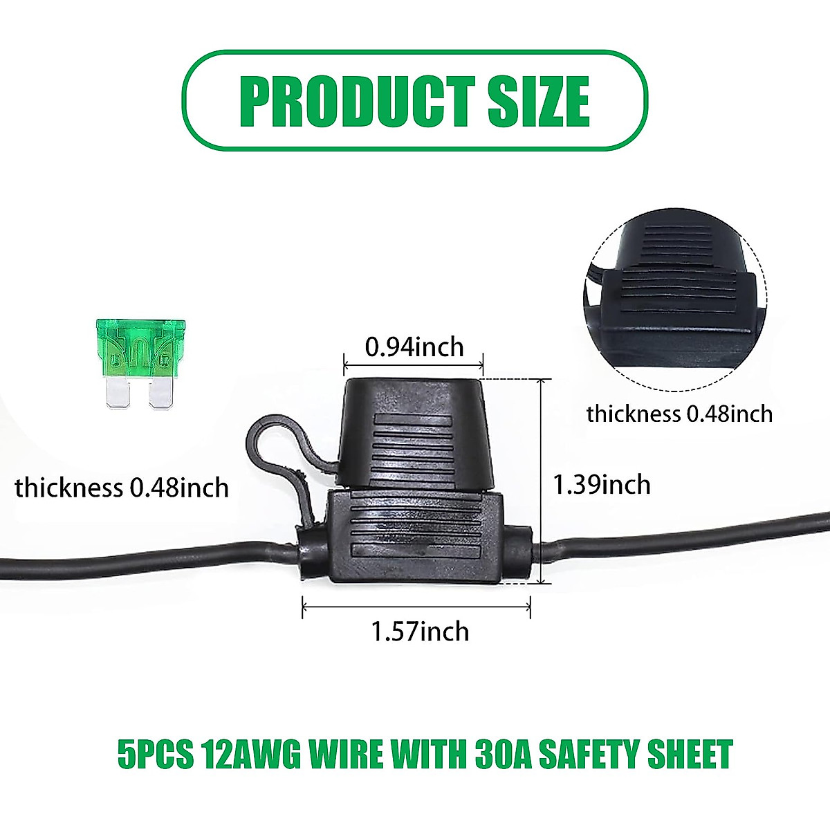 GKmow 5 PCS Plug-in Low-Voltage Fuse Holder, 30A Fuse, 12AWG Insulated Wire, Waterproof Appliances Protection Tool, Suitable for Cars, All-Terrain Vehicles, Motorcycles, Yachts, CD Players (Black)