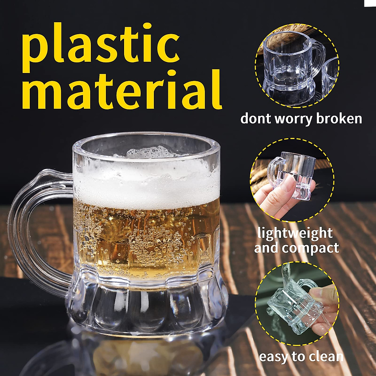 YAXINRUI Mini Beer Mug Shot Glasses, 1 oz Beer Shot Glasses Plastic Beer Mug Shot Beer Tasting Glasses for Beer Fest, Birthday Weddings Party Supplies, BBQ and Picnics (1.75'' Tall, 12 Pieces)