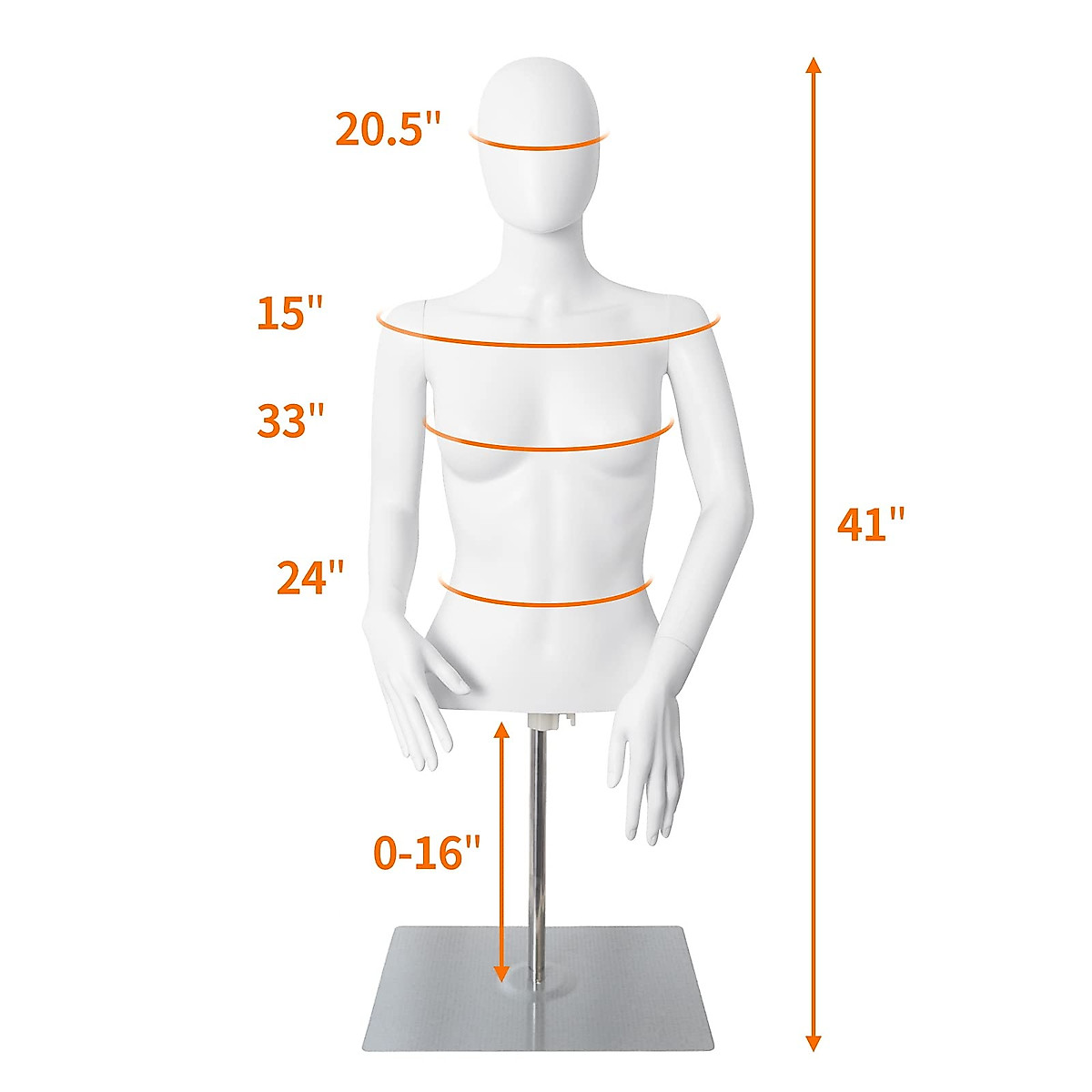 SHAREWIN Mannequin Torso with Stand Female Half Body Dress Form Plastic Detachable Manikin Stand Height 30”-46” High Stability Metal Base, White (Female)