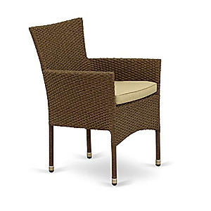 East West Furniture Oslo 7 Piece Outdoor Wicker Patio Furniture Sets Consist of a Rectangle Bistro Table with Glass Top and 6 Balcony Armchair with Cushion, 36x60 Inch, Brown