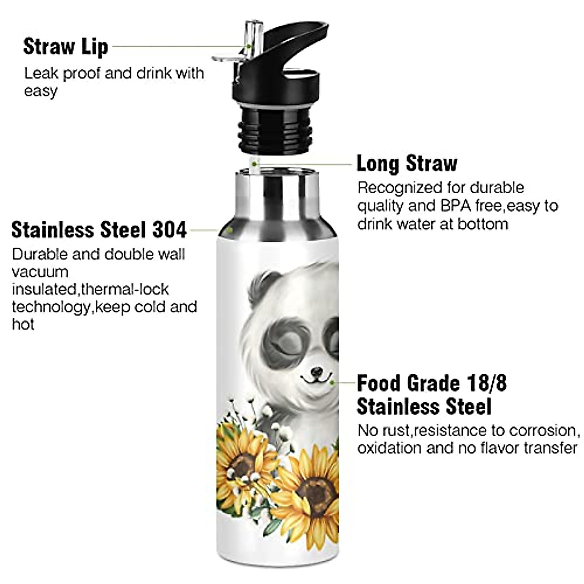 Little Panda Sunflower Water Bottle Kids Thermos Bottle with Straw Lid Kids Insulated Stainless Steel Water Flask Leakproof Thermos Bottle for Gym Outdoor 20 oz