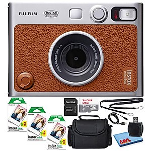 Fujifilm Instax Mini EVO Hybrid Instant Film Camera (Brown) (16812534) Bundle with 60 Instant Film Sheets + 32GB Memory Card + Small Padded Case + SD Card Reader + Microfiber Cleaning Cloth