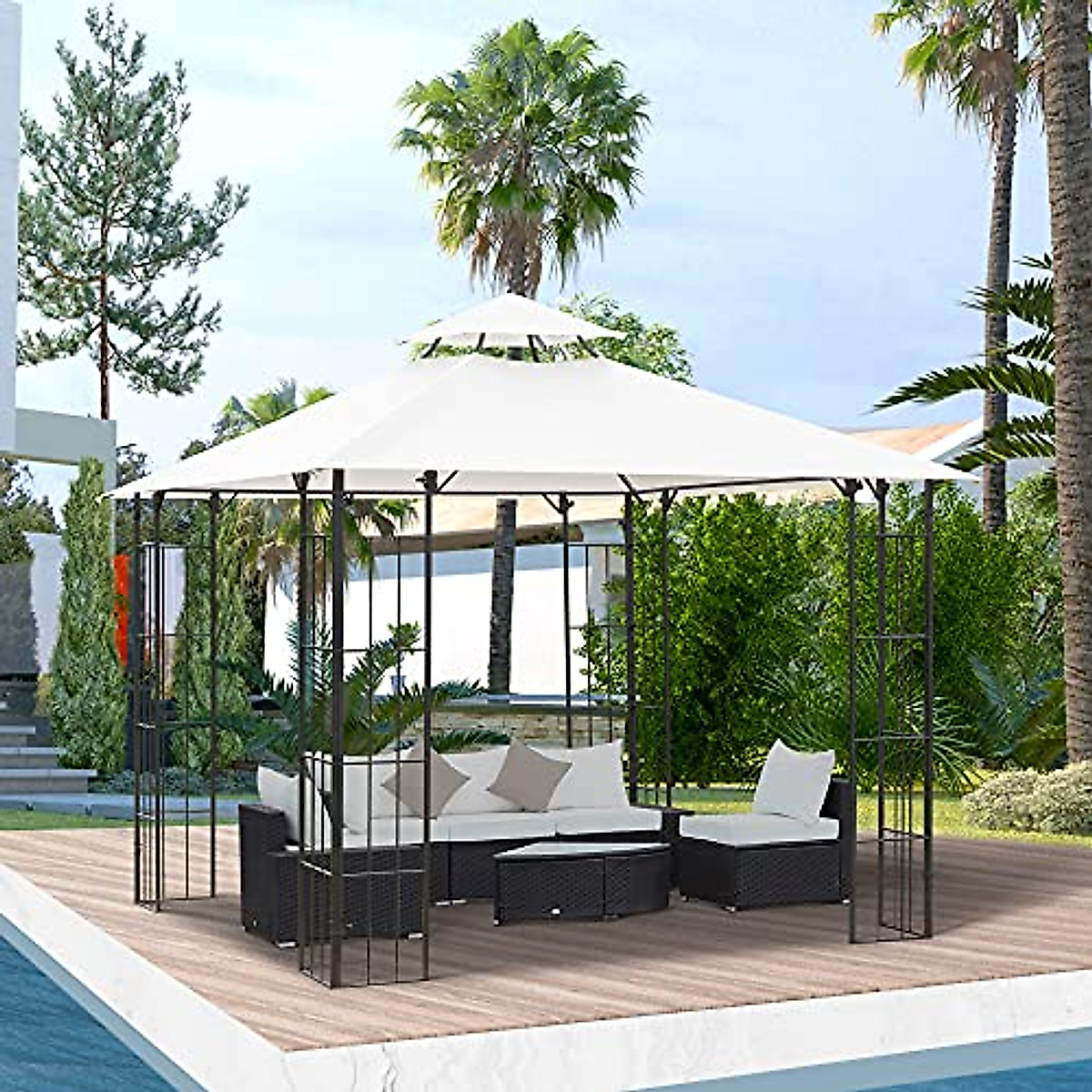 Outsunny 10' x 10' Patio Gazebo, Double Roof Outdoor Gazebo Canopy Shade Shelter with Metal Corner Frame Screen Wall, for Garden, Lawn, Backyard and Deck