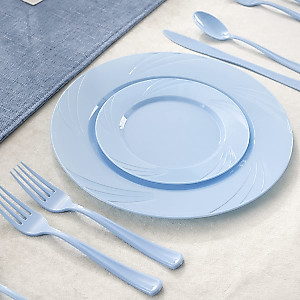 YOUBET 125Pieces Blue Plastic Plates - Blue plates with Blue Silverware Disposable - Include 25 Dinner Plates 25 Dessert Plates 25 Forks 25 Knives 25 Spoons for Birthday Parties &Wedding