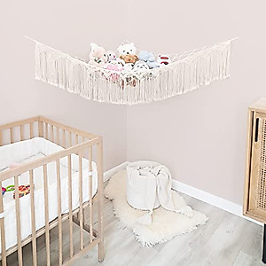 Mkono Stuffed Animal Hammock Macrame Toy Storage Organizer with Lights and Tassels Boho Hanging Stuff Animals Net Large Capability Corner Toys Display Holder for Nursery Kid Room Playroom, 1 piece