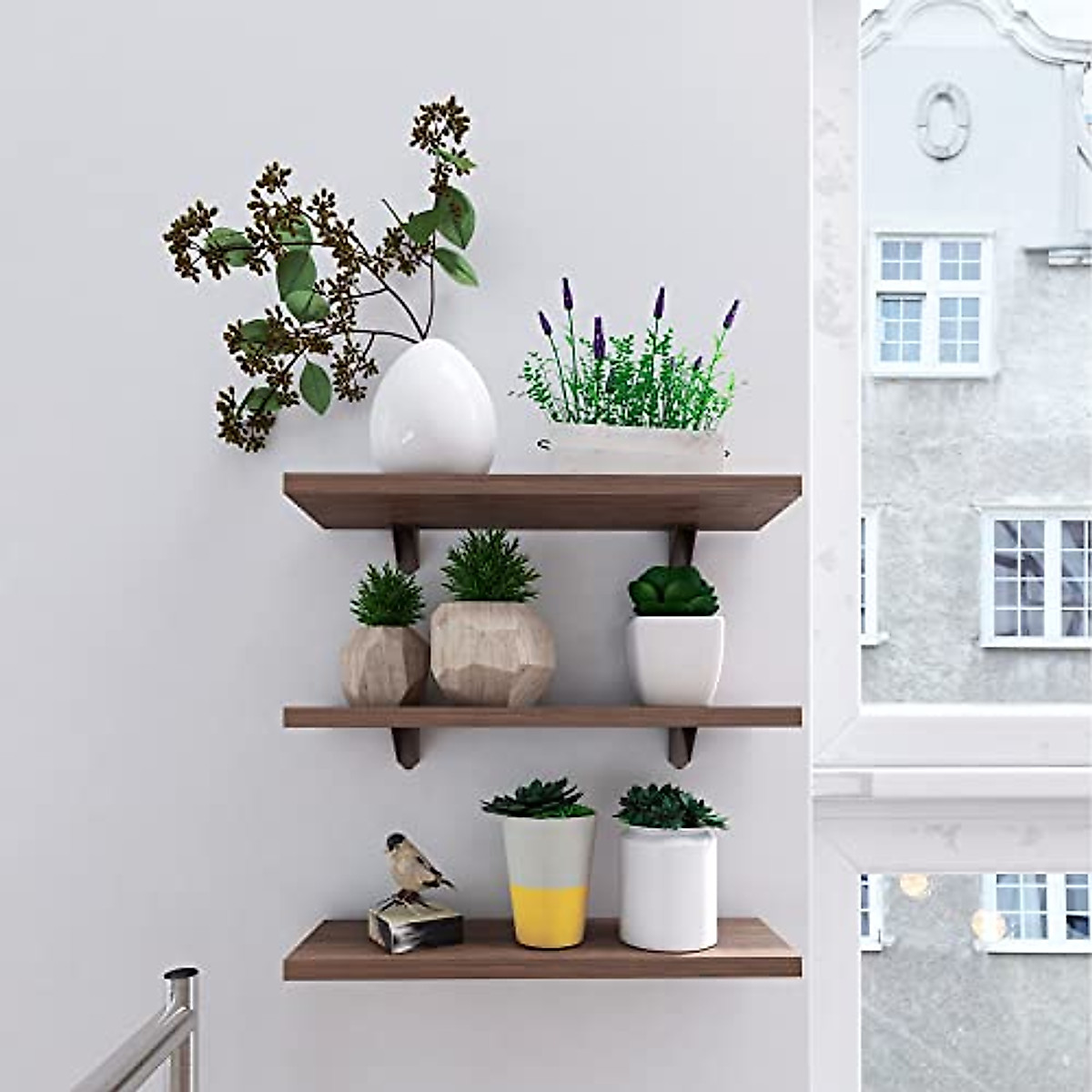 PLAYCON Easy Wall Mounted Floating Shelves Set of 3, for Office/Bedroom/Living Room/Media Room/Kitchen/Bathroom/Laundry Room/Storage, Innovative Textured PVC Finishing Walnut Wood Veneer Looking