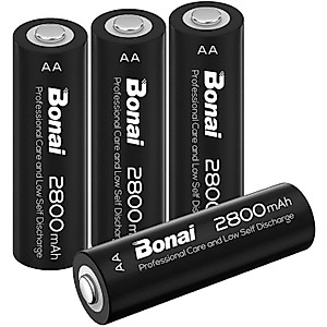 BONAI 4 Packs 2800mAh AA Rechargeable Batteries 1.2V Ni-MH Low Self Discharge High Capacity