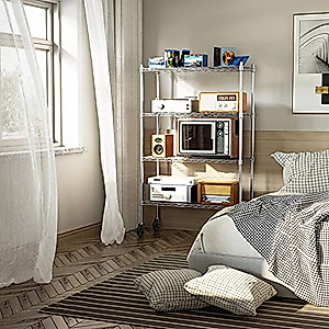 Auslar 4-Shelf Storage Shelves with Casters Heavy Duty 4 Tiers Rolling Cart Utility Racks Adjustable Wire Metal Shelving, Chrome