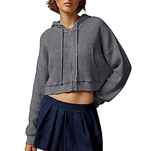 Flygo Women's Waffle Knit Hoodie Cropped Zip Up Hooded Sweatshirts Jacket with Kanga Pocket(Darkgrey-S)