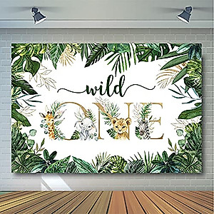 Avezano Safari Wild One Backdrop for Boy Jungle Animal First Birthday Party Photography Background Green Gold Wild One 1st Birthday Photoshoot Party Decorations Backdrop (7x5ft)