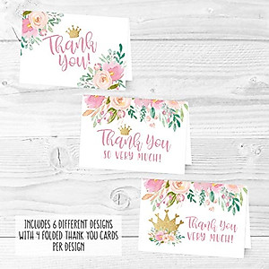 24 Floral Princess Baby Shower Thank You Cards With Envelopes, Kids Thank-You Note, 4x6 Gratitude Card Gift For Guest Pack For Party, Birthday for Girl Children, Cute Pink Royal Queen Event Stationery